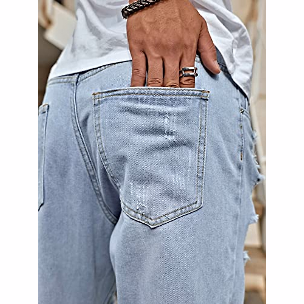 WDIRARA Men's High Waisted Ripped Skinny Jeans Long Denim Pants with Pocket Light Wash S