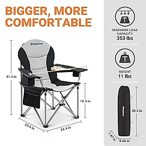 KingCamp Oversized Camping Folding Chair with Lumbar Support, Heavy Duty Ergonomic Padded Arm Chair with Cooler Bag, Cup Holder, Portable for Outdoor