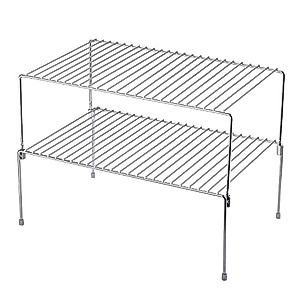 iPEGTOP Set of 2 Stackable Freezer Cabinet Storage Shelf Rack, Rustproof Steel Metal Frame Kitchen Organizer Space Saver for Cabinet Pantry Shelves Counter, Chrome