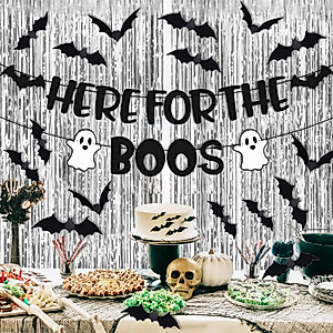 Here for The Boos Party Decorations Halloween Banner Bat Wall Decor Silver Foil Curtains Backdrop Haunted House Horror Theme for Boy Girl Kids Halloween Festival Holiday Black Glitter Party Supplies