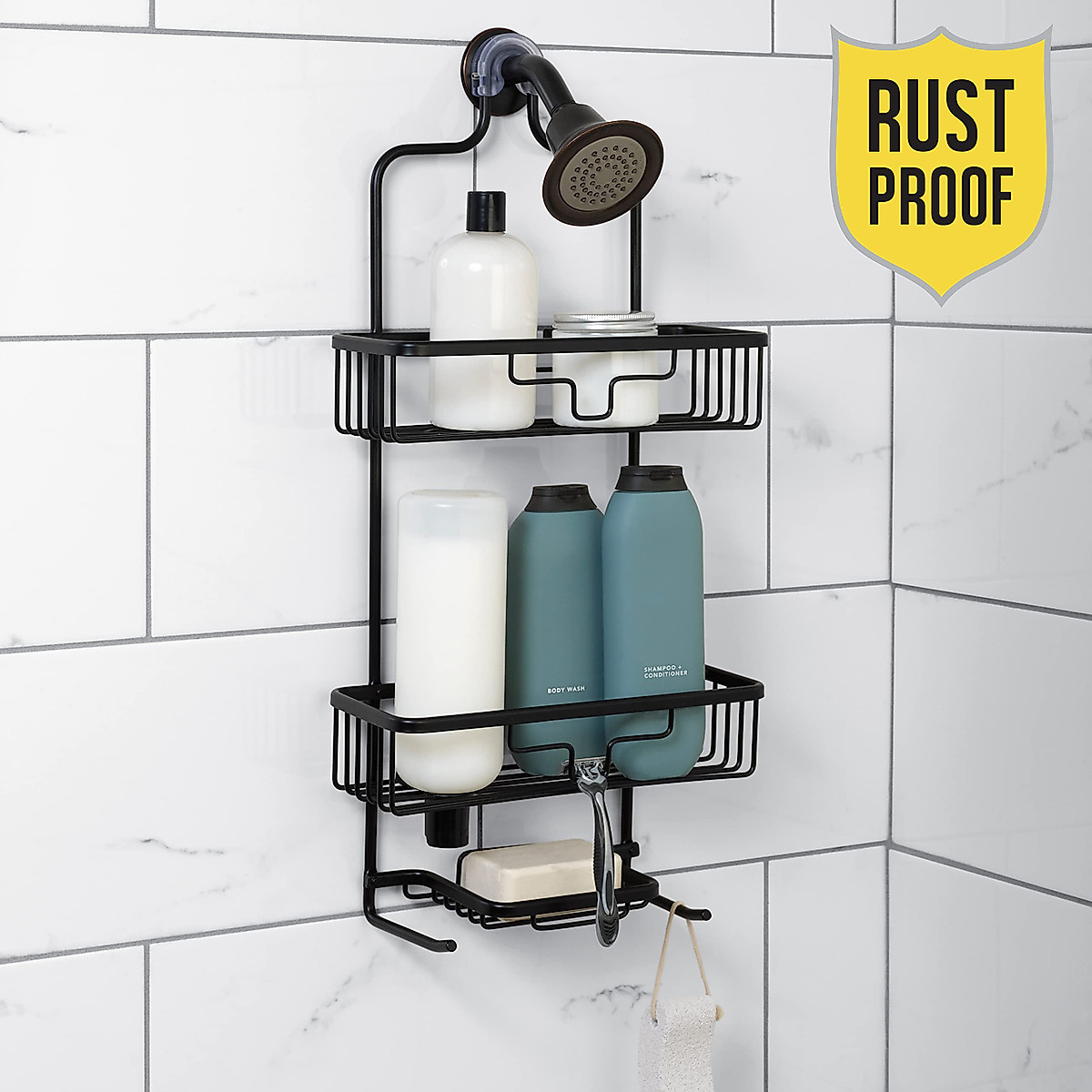Zenna Home Rustproof Shower Caddy Hanging Bathroom Organizer, Aluminum Shower Rack with 2 Shelves and Built in Hooks, Premium Over Shower Head Storage System, Black
