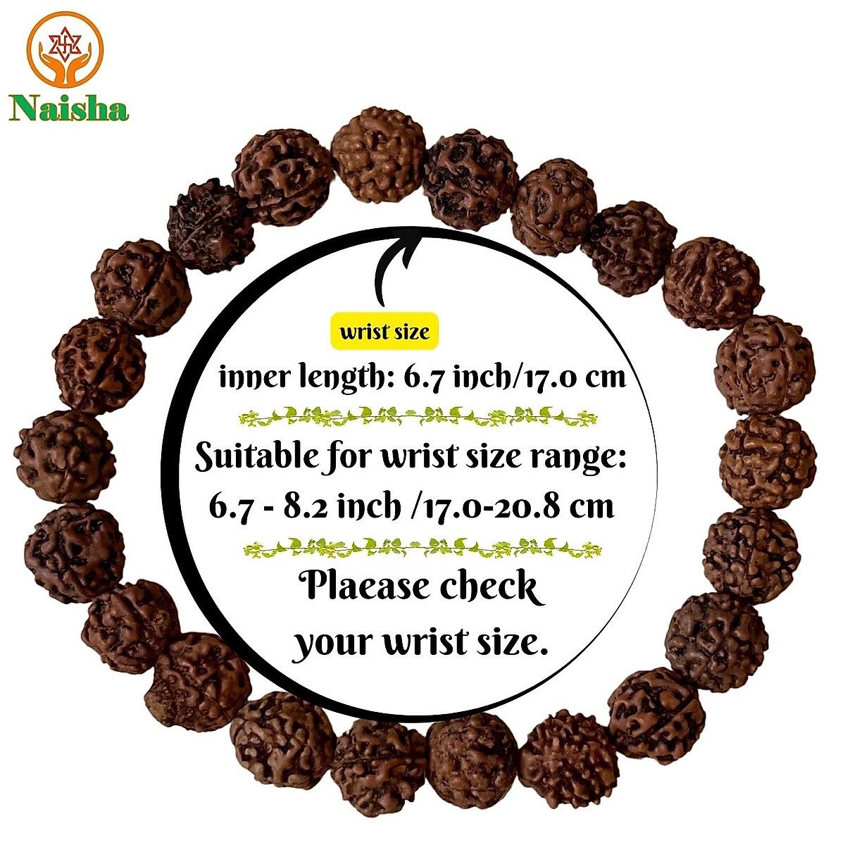 NAISHA (Pack of 3 Rudraksha Stretchable Bracelet 2 Pc. & Rudraksha Mala 108+1 Beads Necklace 5 mukhi Paanch mukhi 5 face Rudraksha, Prayer Beads, Wrist Mala Wrap, Jaap Mala, Bead Size 8 mm