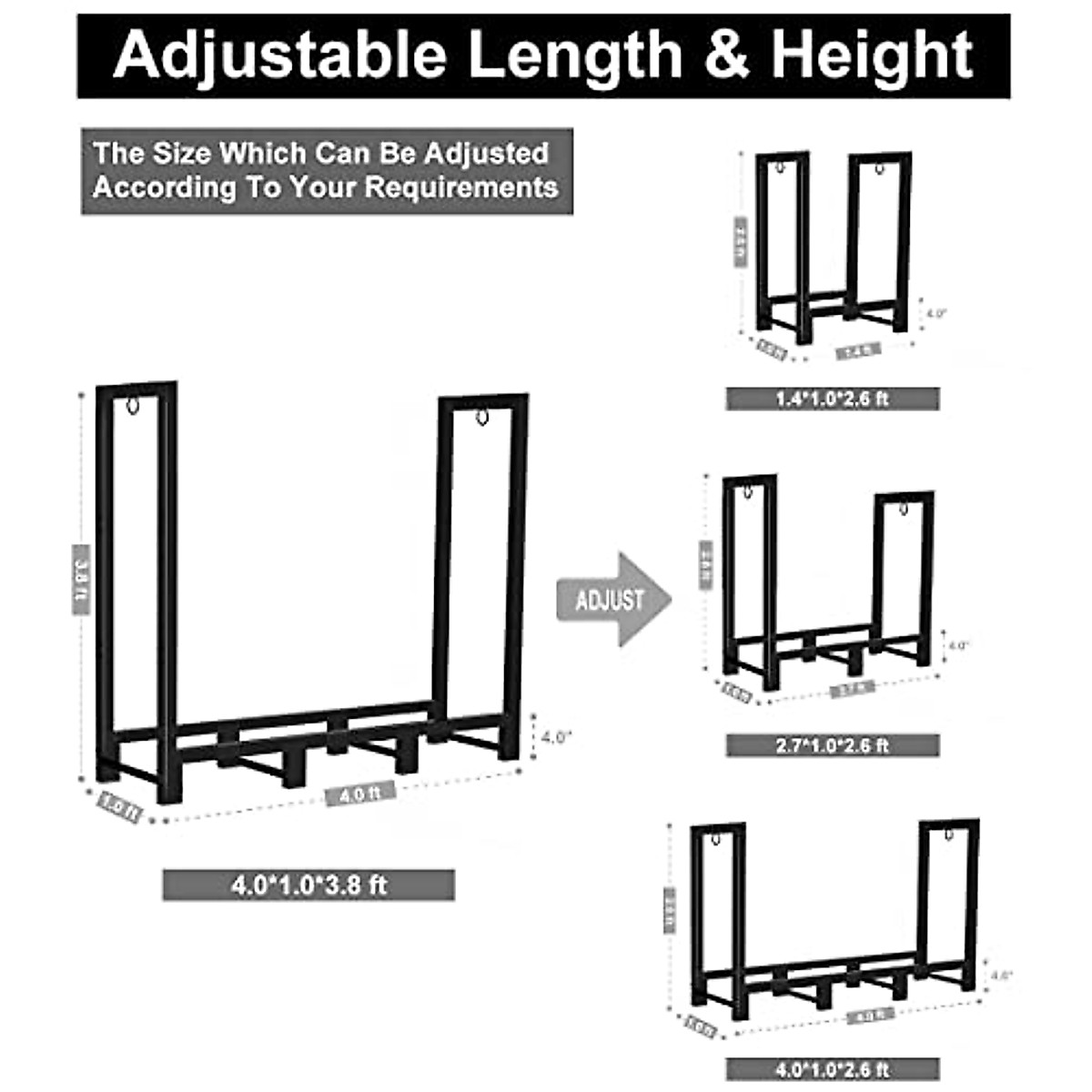 Koutemie 4Ft Outdoor Firewood Rack Holder for Fireplace Wood Storage, Adjustable Fire Log Stacker Stand, Black