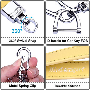 Wisdompro Genuine Leather Car Keychain, Universal Heavy Duty Leather Key FOB Keychain Key Chains Women for Car Keys, 360 Degree Rotation, with Anti-lost D-ring and 3 Keyrings - Yellow
