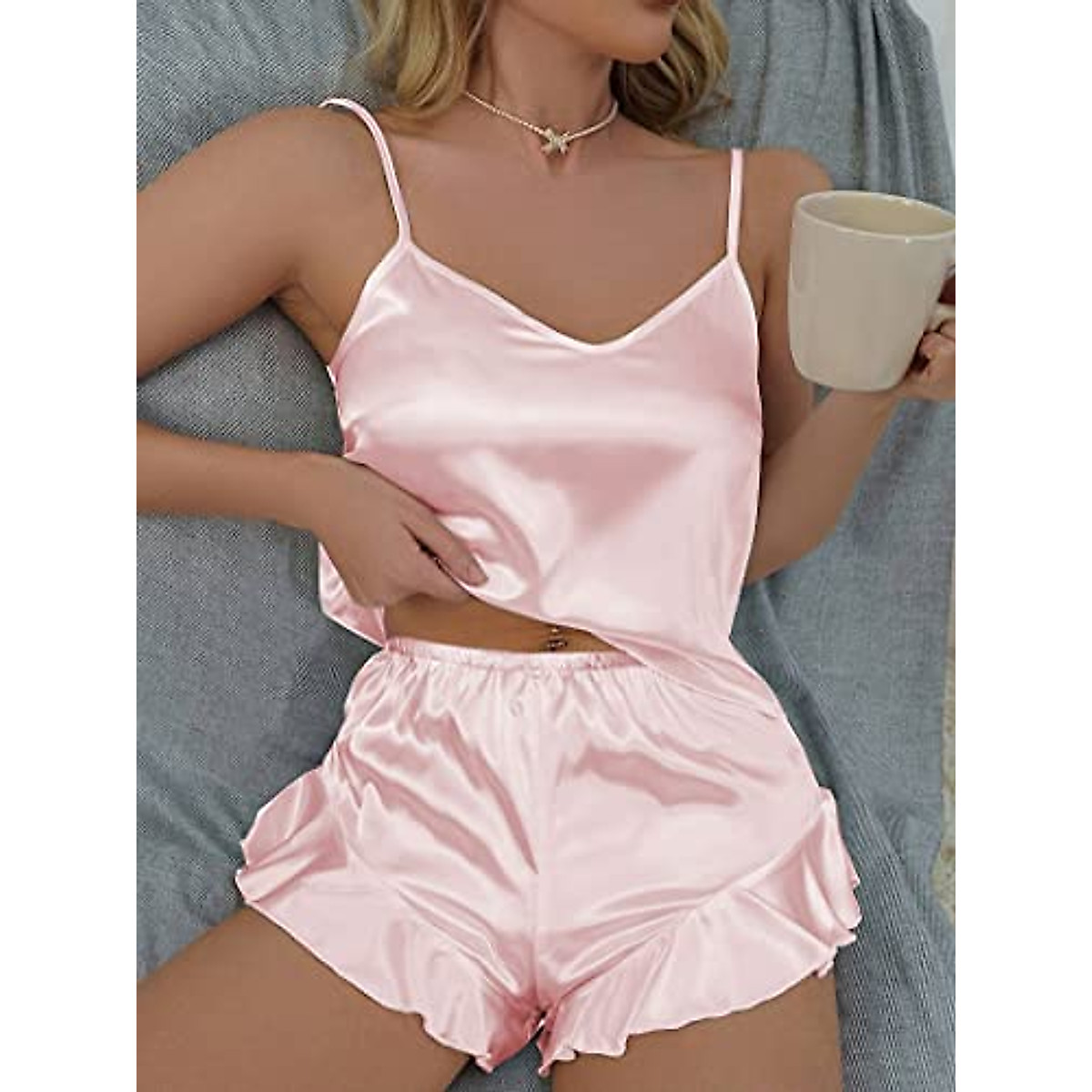 Pajamas for Women Silk Sleepwear Sexy Lingerie Satin Cami Shorts Set Nightwear Pink M