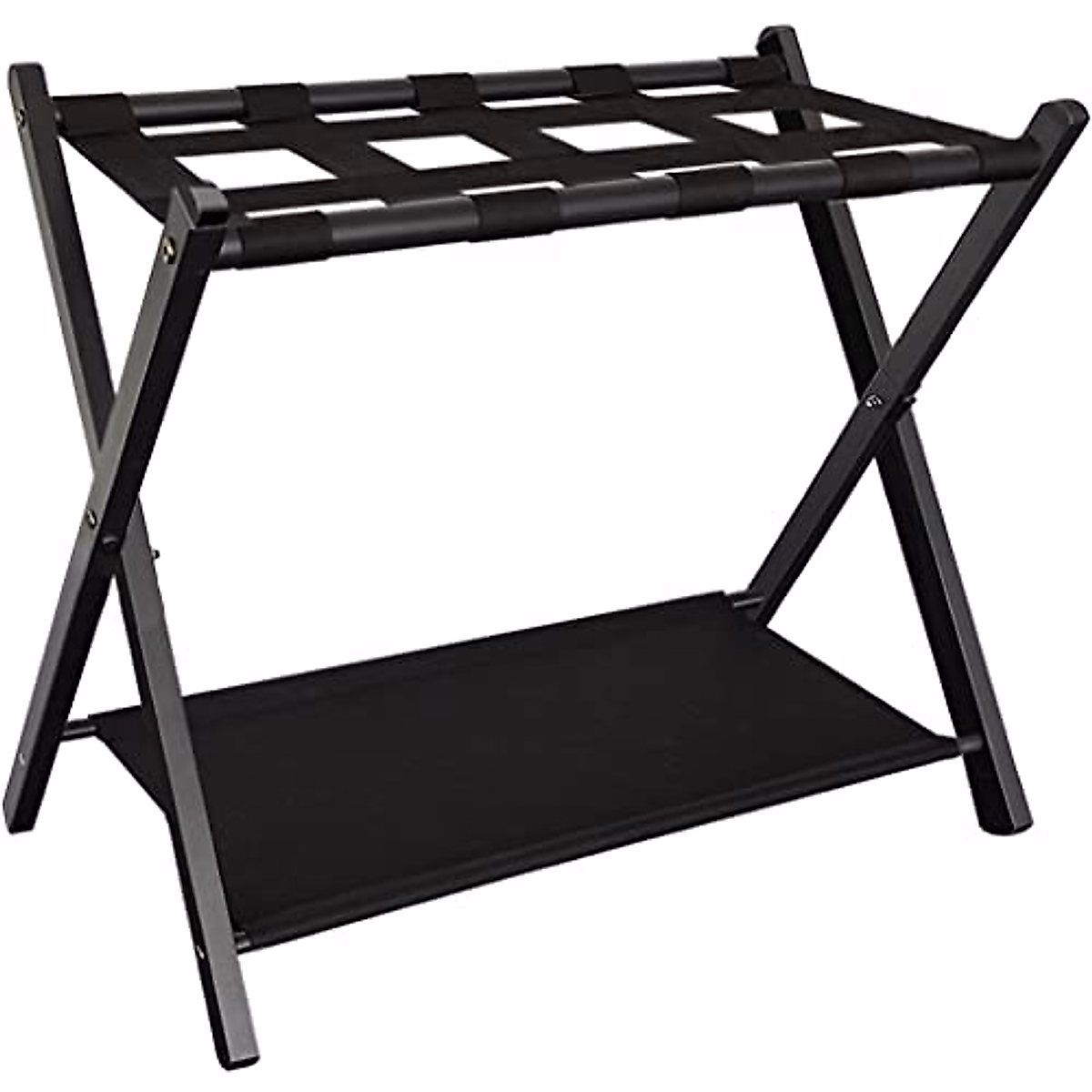 Queension Folding Luggage Rack Stand with Shelf for Guest Room, Foldable Metal Suitcase Storage Caddy Holder for Bedroom Hotel Essentials, Black, 1pack
