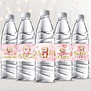 Clabby 39 Pieces Baby Shower Water Bottle Labels Shower Water Bottle Stickers Wrappers Waterproof Baby Shower Labels for Baby Shower Party Decoration (Pink)