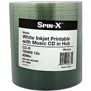 100 Spin-X 12X Digital Audio Music CD-R 80min 700MB White Inkjet