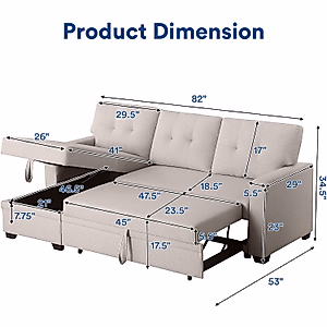 Wakefit Sectional Sofa Couch, 4-in-1 Sleeper Sofa Bed with Reversible Storage Chaise Pull Out Couch for Living Room | Hidden Stroge | Pull Out Bed | Removable Backrest | Linen Fabric, Beige