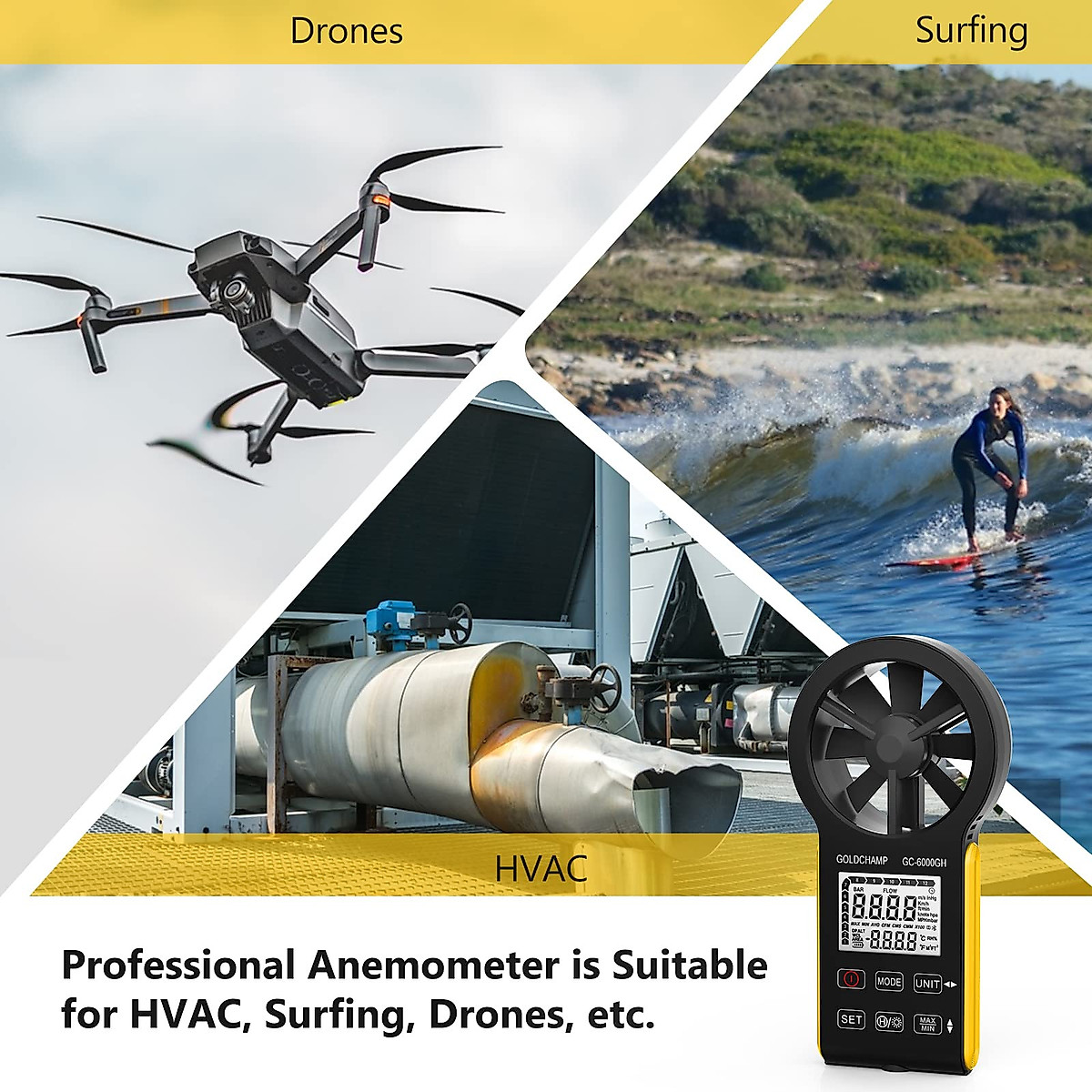 GOLDCHAMP Digital Anemometer, CFM Rechargeable & Waterproof Anemometer Measures Wind Speed(0.3~30m/s), Air Volume(0-999900 ft3/min) with Touch Screen, Backlight Display for HVAC, Shooting, Drone