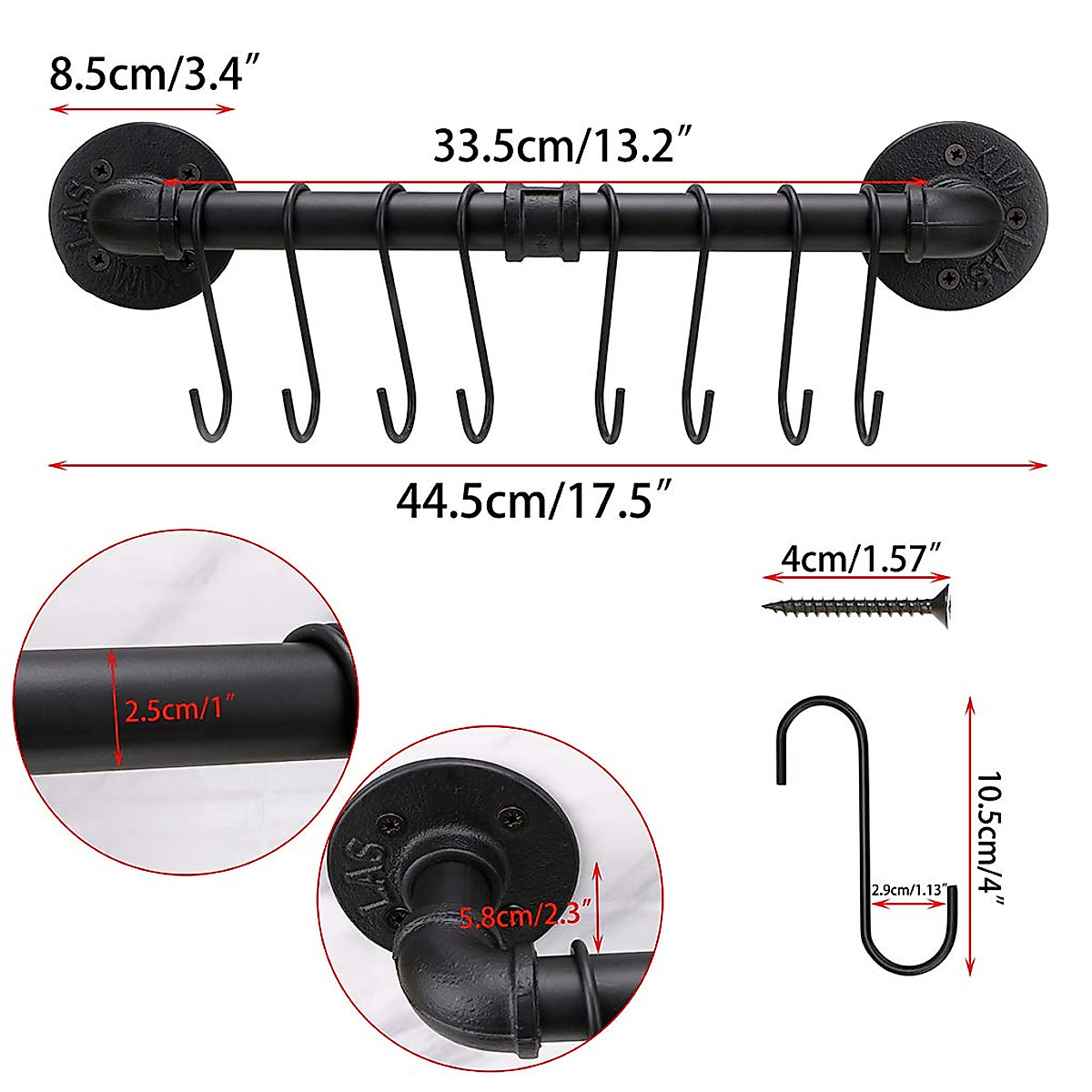 Sumnacon 16 Inch Industrial Pipe Pan Pot Rack with 8-Hooks, Wall Mounted Metal Rail Kitchen Utensil Pot Pan Lid Storage Organizer/Cookware Holder with Hardwares