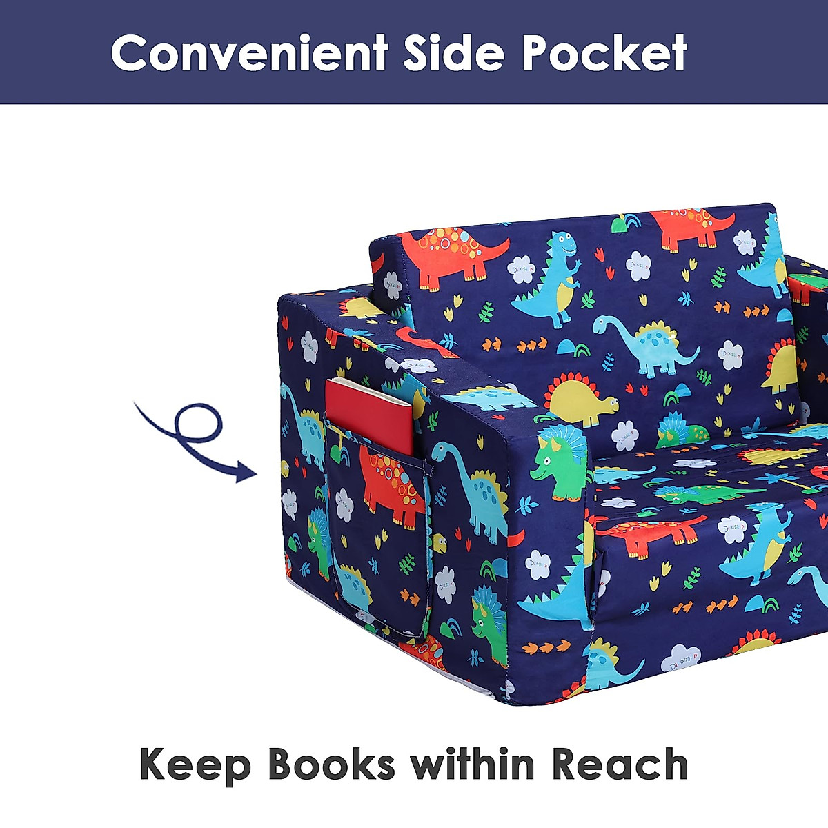 decalsweet Kids Couch Convertible Sofa to Lounger for Toddler Boy, Foldable 2-in-1 Kids Sofa Bed, Toddler Chairs Comfy for Bedroom Playroom, Blue Dinosaur