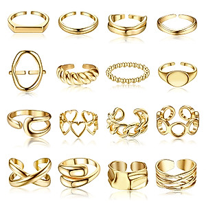 FIBO STEEL 16PCS Gold Dome Chunky Rings for Women 18K Gold Plated Croissant Braided Twisted Stacking Round Signet Adjustable Open Rings Set Size 6-9
