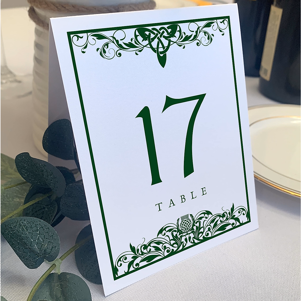 Scottish Thistle Wedding Table Numbers (Select Color/Quantity), White, Hunter Green, 1-40, Double Sided, Tent or Use in a Stand, Great for Parties & Restaurants