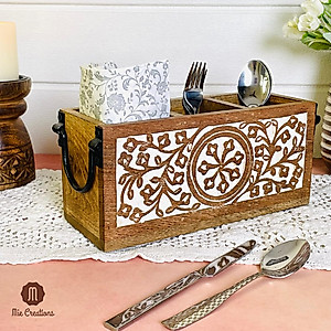 3 Compartment Farmhouse Wooden Flatware Caddy with Metal Handles for Kitchen Countertop, Silverware Caddy for Buffet Party, Rustic Wood Utensil Cutlery Holder, Bathroom Dining Table Office Organizer