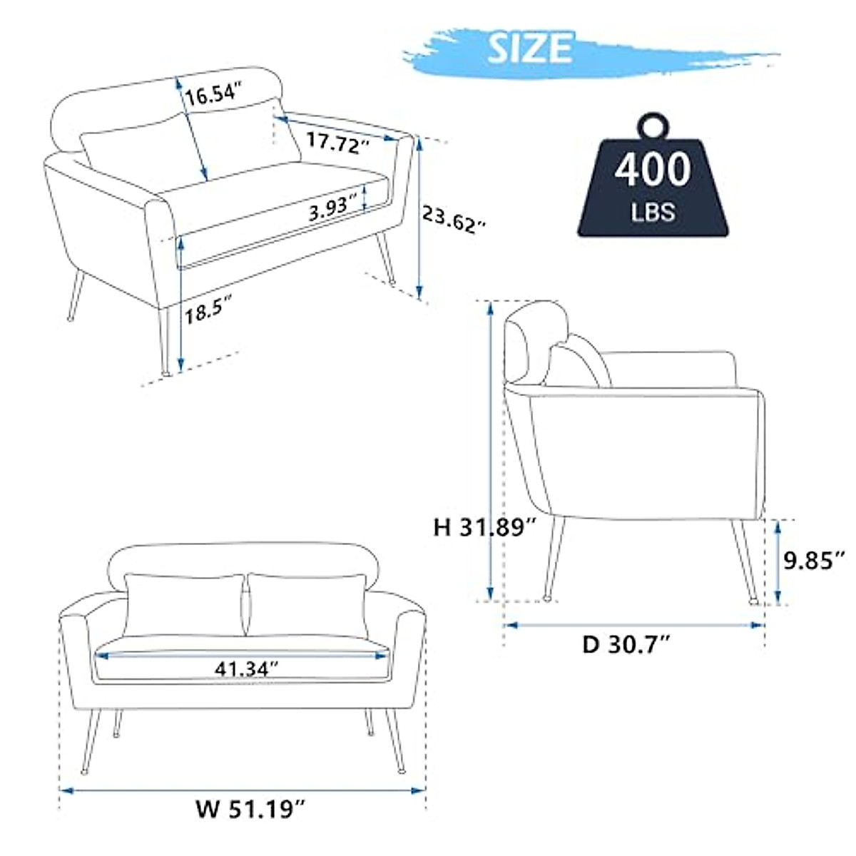 51" Faux Leather Loveseat Sofa with 2 Throw Pillows,Mid-Century Loveseat Faux Leather Sofa Couch for Small Space,Two-Seater Sofa with Metal Legs,Small Mini Room Couch for Office (Taupe)