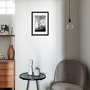 Tree Mountain Wall Art Black and White Landscape Picture Framed Canvas Print in White Matte and Black Framed 11x16 Inch Modern Artwork for Kitchen and Home or Living Room Decor