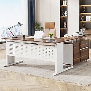 Tribesigns 63 Inch Executive Desk with File Cabinet, Large Office Desk L Shaped Computer Desk with Drawers and Storage Shelves, Business Furniture Desk Workstation for Home Office, White and Walnut