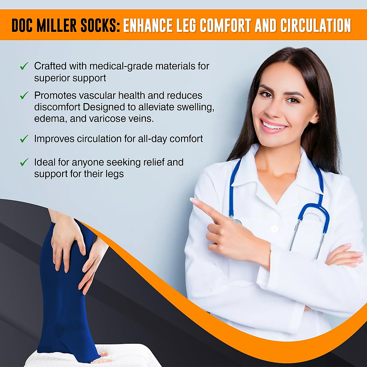 Doc Miller, Open Toe Compression Socks, 8-15 mmHg, Toeless, Support Circulation, Shin Splints, Calf Recovery, Varicose, Knee High, Medical Grade, Dark Blue Socks, Large Size for Men & Women, Pair