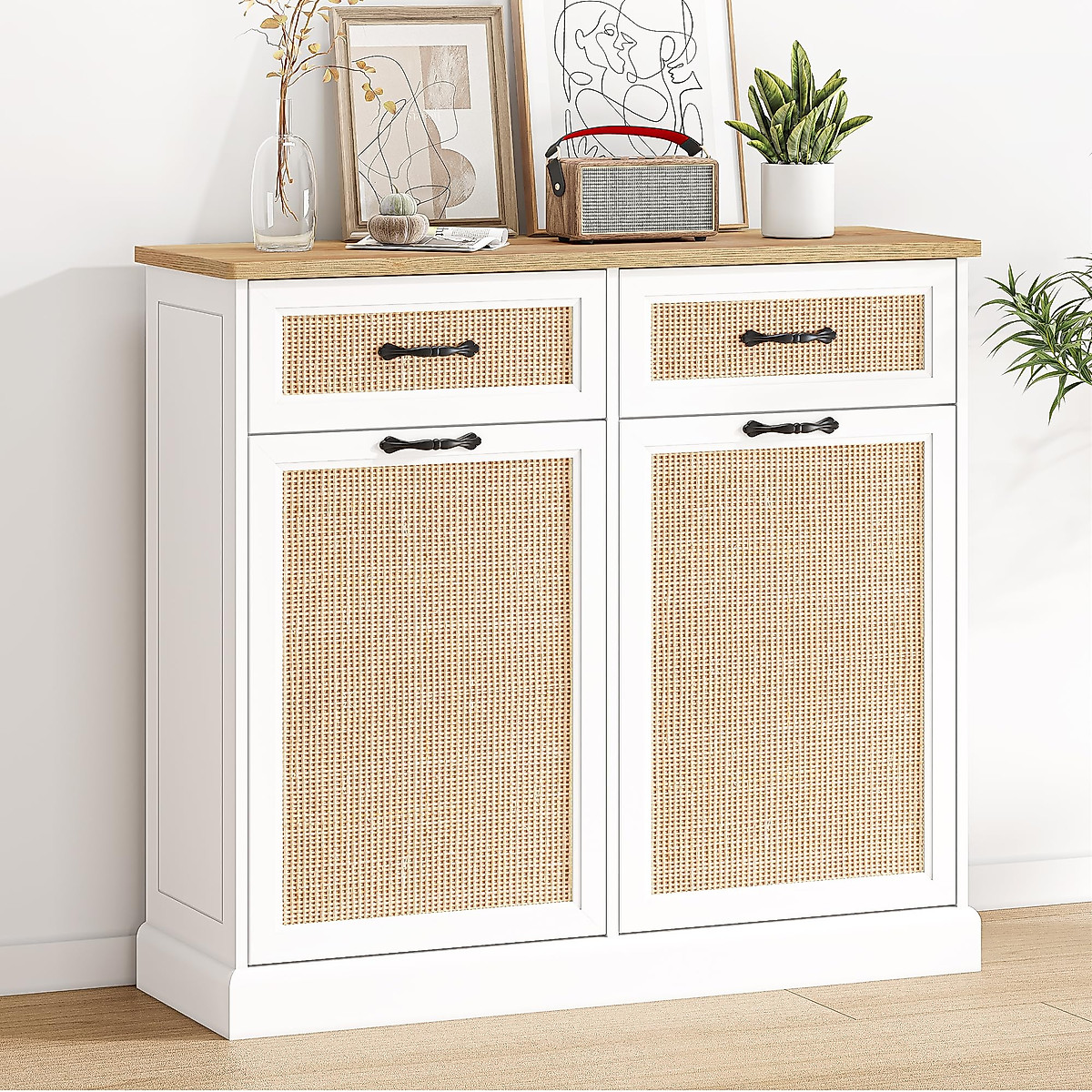 CABIHOME Rattan Double Tilt Out Trash Cabinet, Freestanding Trash Can Cabinet 20 Gallon Storage, Hidden Pet-Proof Garbage Can Cabinet Laundry Hamper for Kitchen Dining Living Room