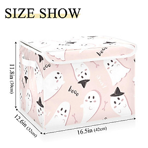 VIGTRO Cute Spooky Ghost Storage Bins with Lids Foldable Storage Boxes with 2 Handles, Pink Boo Halloween Decorative Storage Basket Collapsible for Clothes Books