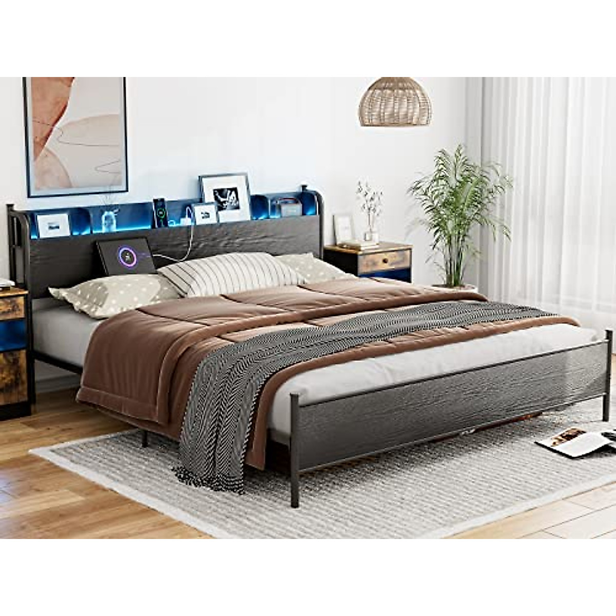 IKIFLY California King Bed Frame with Storage Shelf Headboard & Charging Station - Industrial Metal and Wood Cal King Platform Bed with LED Lights, No Noise, No Box Spring Needed - Black