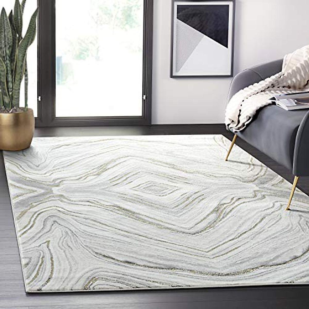 Abani Rugs Contemporary Granite Grey & Gold Bedroom Rug - Modern Swirl Design Non-Shedding 6' x 9' Area Rug