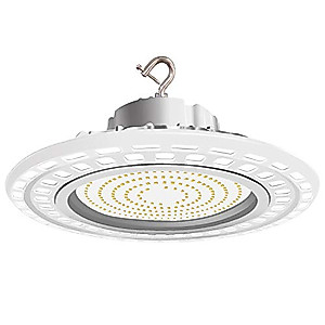 OSTEK UFO LED High Bay Light 200W Barn Workshop Lighting Fixture 5000K 1-10V Dimmable IP65 Waterproof 100-277V Input UL DLC Listed US Hook 5' Cable