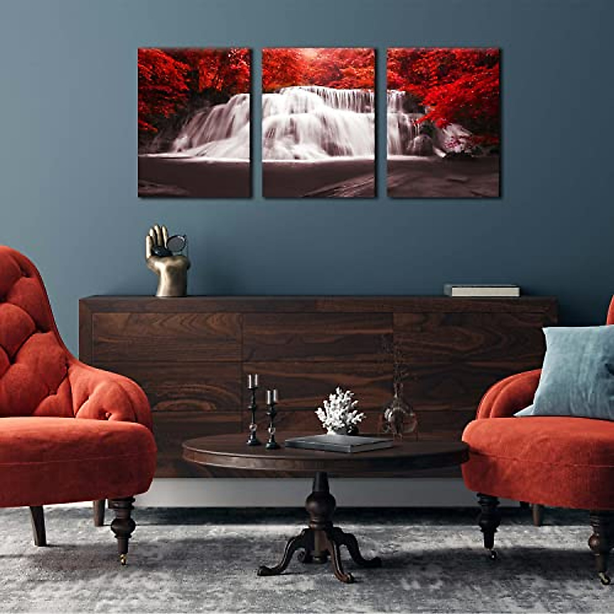 CERLMLAND Waterfall - Wall Art Painting Black White Red Landscape Canvas Wall Art 3 Pieces,Red Trees Forest Picture Prints for Home-office - canvas art wall art for living room 12x16inchx3pcs