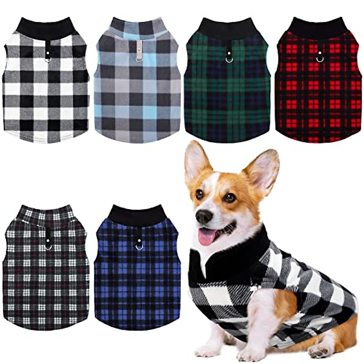 Pedgot 6 Pieces Dog Clothes Warm Dog Fleece Vest with Leash Ring Dog Sweatshirt Winter Pet Clothes Plaid Dog Pullover for Puppy Small Dogs Cat, Large