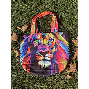 Cute Lion Tote Bag - Lion Figurine - Animal Themed Bag - Canvas Tote Bag for Women - Lion Decor - Aesthetic Large Beach Tote Bag Cute for Grocery Shopping Utility Book Teacher (Black - Lion)