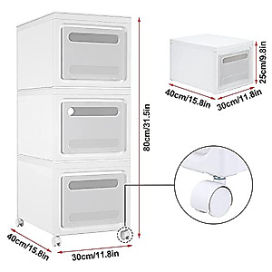 MEOKEY 3 Pack Stackable Storage Bins with Lids, Plastic Storage Basket Organizer Box Containers with 4 Detachable Wheels for Office, Closet, Play room