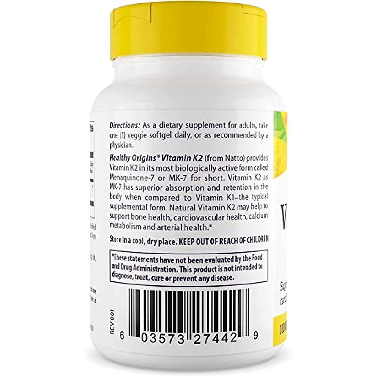 Healthy Origins Vitamin K2 100 mcg (MK-7, Non-GMO, Gluten Free, Cardiovascaular Support, Bone Support), 60 Veggie Gels