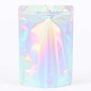 QQ Studio Pack of 100 Windowed or Double Sided Holographic Stand Up Packaging Bags with QuickQlick™ Seal for Food and Snacks (Double-Sided Silver Base Hologram, 16x24cm (6.3x9.4"))
