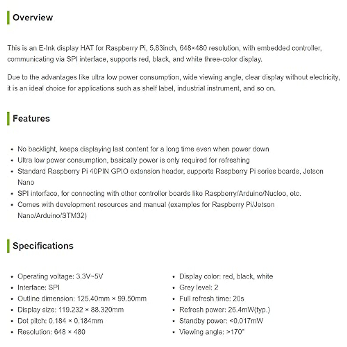 waveshare 5.83inch E-Ink Display HAT Compatible with Raspberry Pi 4B/3B+/3B/2B/B+/A+/Zero/Zero W/WH/Zero 2W Series Boards 648×480 Resolution Red/Black/White Three-Color SPI Interface