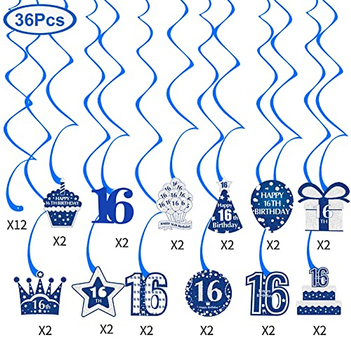 36pcs 16th Birthday Decorations Hanging Swirls Party Supplies for Boys, Silver Blue 16 Year Old Birthday Hanging Decor, Happy Sixteen Birthday Foil Ceiling Swirl Sign Décor