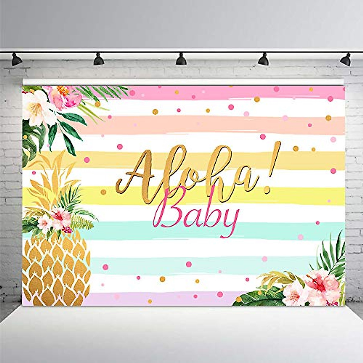 MEHOFOND Aloha Girl Baby Shower Backdrop Confetti Colorful Stripes Summer Tropical Hawaiian Luau Party Beach Seaside Pineapple Floral Background for Photography Photo Booth Banner 7x5ft
