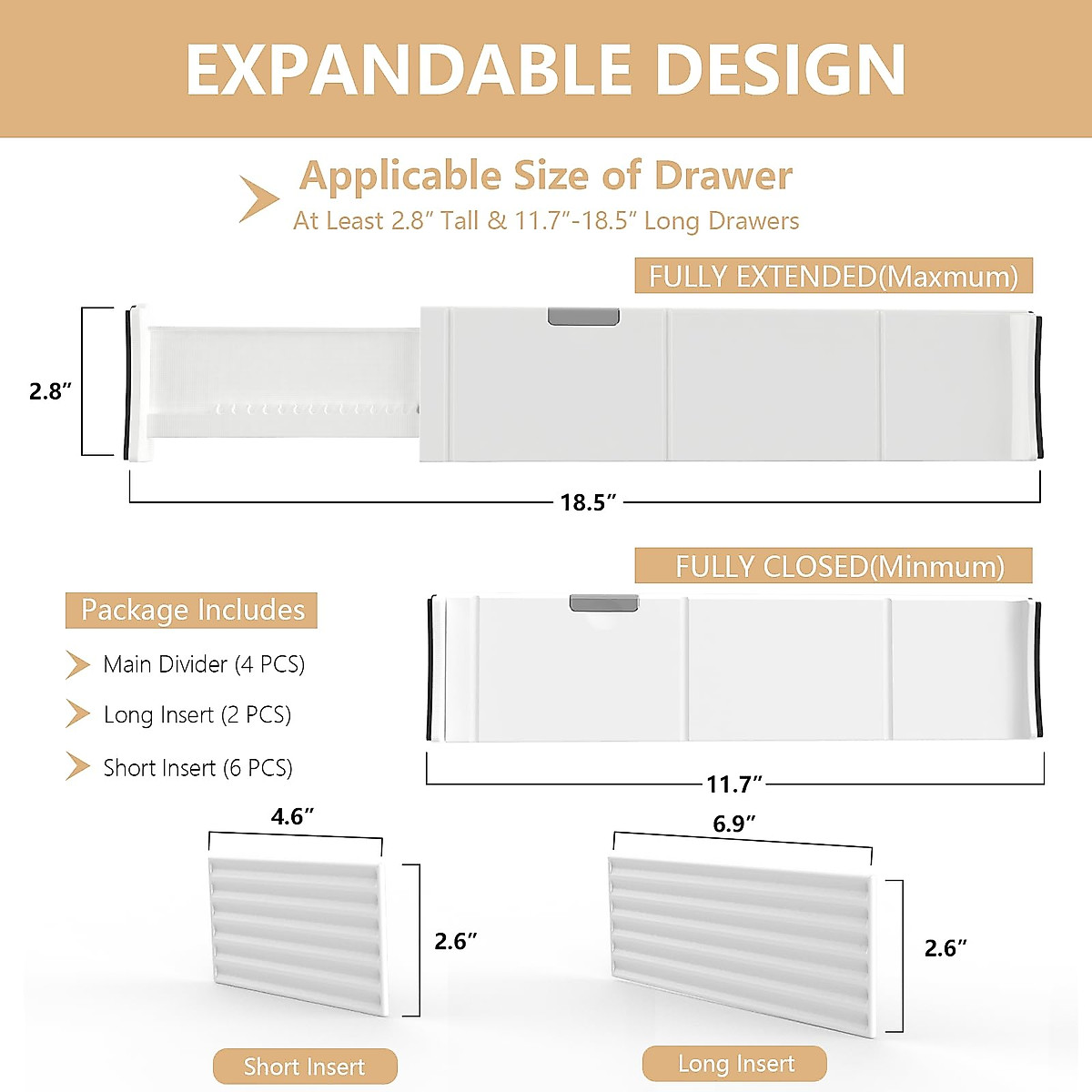 KABUM Adjustable Drawer Divider Organizer Clothes Dresser Organizer,Expandable Organization for Home, Office,2.8" High Expandable from 11.7" to 18.5",4 Dividers with 6 Short and 2 Long Inserts