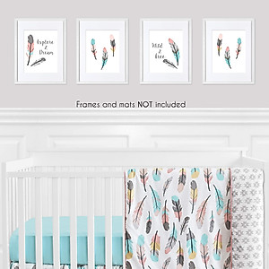 Sweet Jojo Designs Turquoise and Coral Boho Wall Art Prints Room Decor for Baby, Nursery, and Kids for Feather Collection - Set of 4 - Explore & Dream, Wild & Free