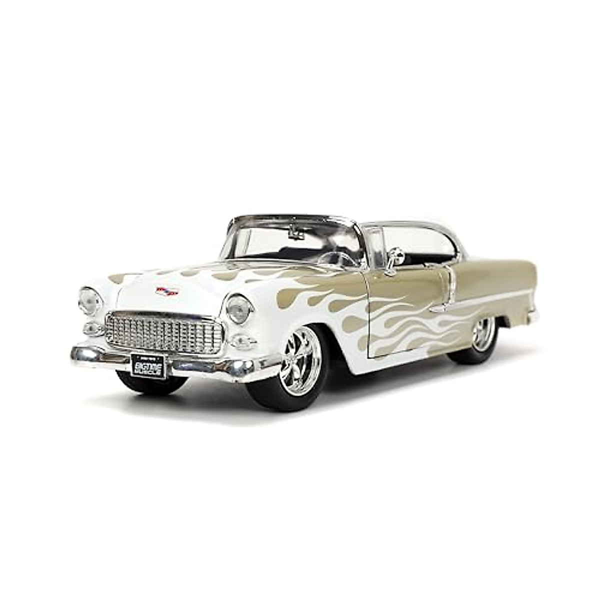 Big Time Muscle 1:24 1955 Chevy Bel Air Die-Cast Car, Toys for Kids and Adults(White/Gold Flames)