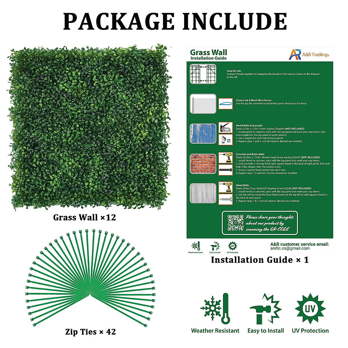 A & R 12 PCS 20"x20" Artificial Grass Wall - UV Protected Boxwood Hedge Wall Panels - Suits for All Decorations