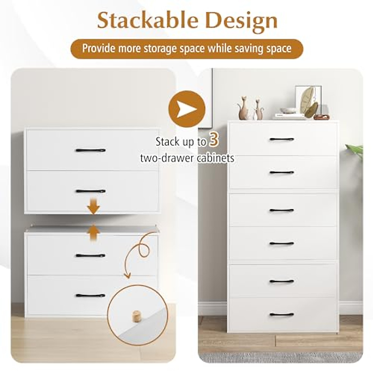Giantex Stackable 2-Drawer Dressers for Bedroom - Short Dresser Two Drawer Storage Cabinet w/Handles & Anti-Topping Device, Small Dresser Chest of 2 Drawers for Closet Bedroom (1, White)
