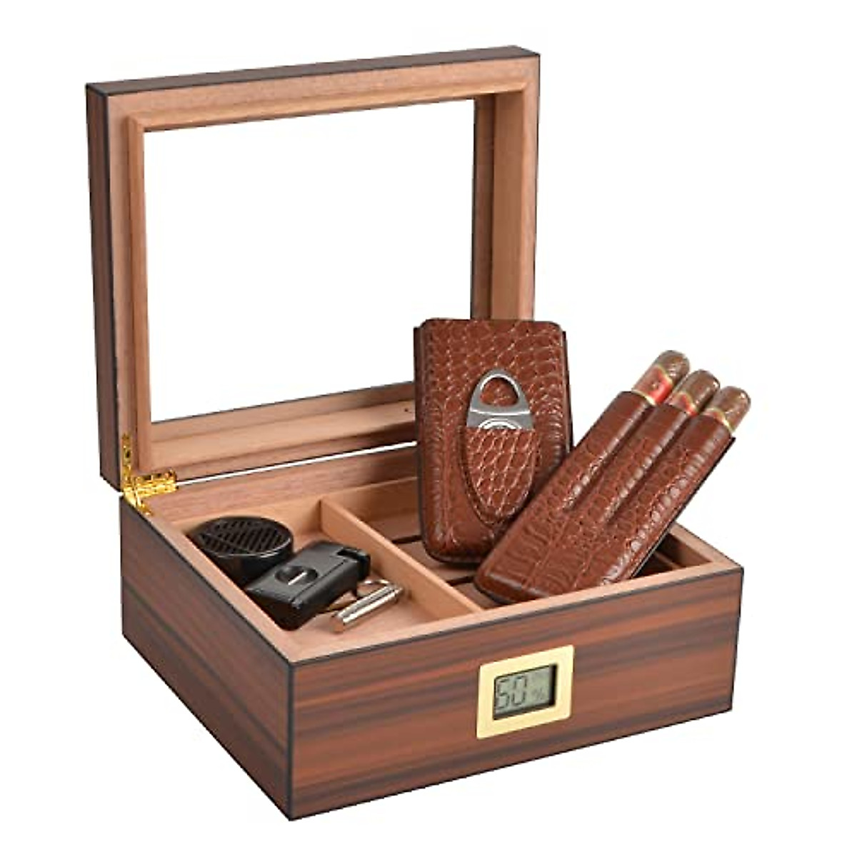 CIGAIOL Handcraft Cigar Kits with Cutter and Lighter, Luxurious Humidor Cigar Box Hold 30-50 Cigars 100% Cedar Wood Case with Digital Cigar Hygrometer/Travel humidor (No Cigars, no Batteries, no Gas)