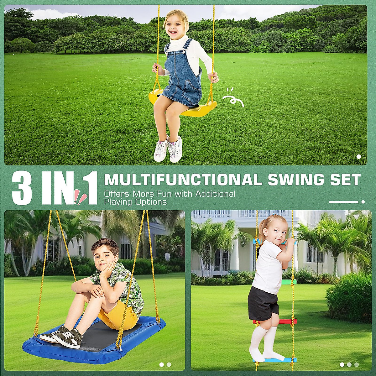 Plohee 3 in 1 Swing Sets for Backyard - 550lbs Heavy Duty Metal Kids Swing Set with Platform Swing Seat, Belt Swing Seat and Climbing Ladder for Playground