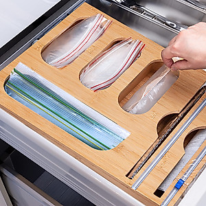 Kitchen Foil and Plastic Wrap Organizer, Bamboo Ziplock Bag Storage Organizer, Wrap Dispenser with Cutter，Compatible with Gallon, Quart, Sandwich and Snack Variety Size Bag