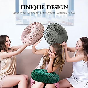 Teieas Round Throw Pillow Velvet Home Decoration Pleated Round Pillow Cushion for Couch Chair Bed Car Black