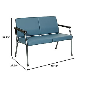 Office Star Bariatric Hip Patient Big and Tall Loveseat Medical Office Chair with Wider Seat and Sturdy Titanium Finish Metal Frame and Back Reinforcement, Dillon Blue