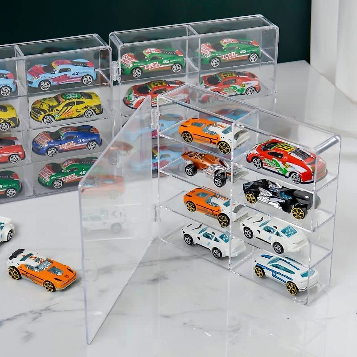 Hot 1/64 Scale Matchbox Toy Car Display Box 4 Piece Toy Car Storage Box Holds Up to 32 Hot Wheels Cars, Clear Display Box with Clear Snap-On Dust Cover