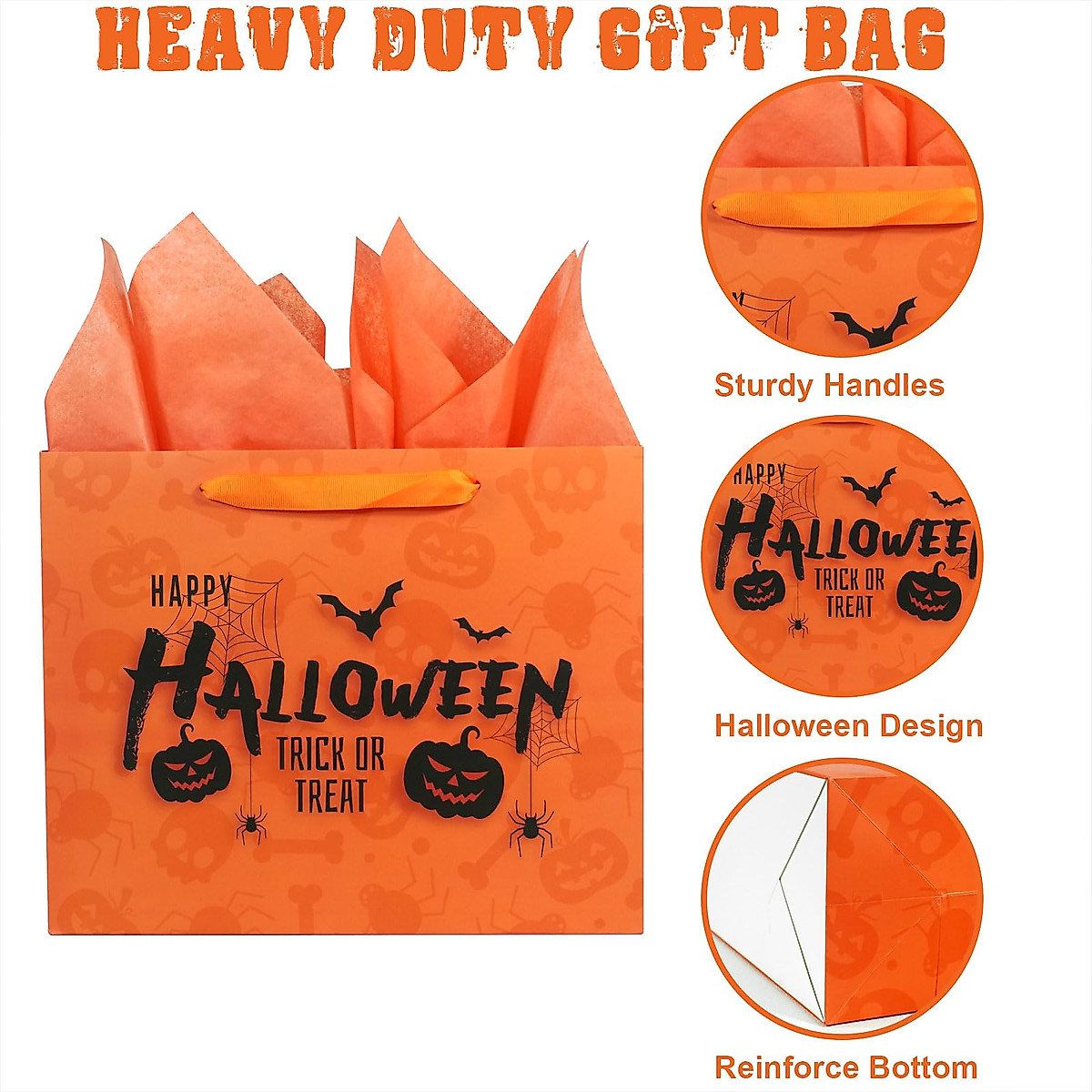 Halloween Trick or Treat Gift Bag with Greeting Card and Tissue Papers, 12.6" Reusable Halloween Paper Bag with Handles for Halloween Party Supplies