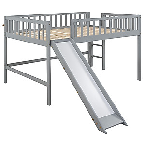 Harper & Bright Designs Full Size Low Loft Bed with Slide, High Guardrail & Ladder, Kids Wooden Full Loft Bed Frame for Girls,Boys, No Box Spring Needed, Gray